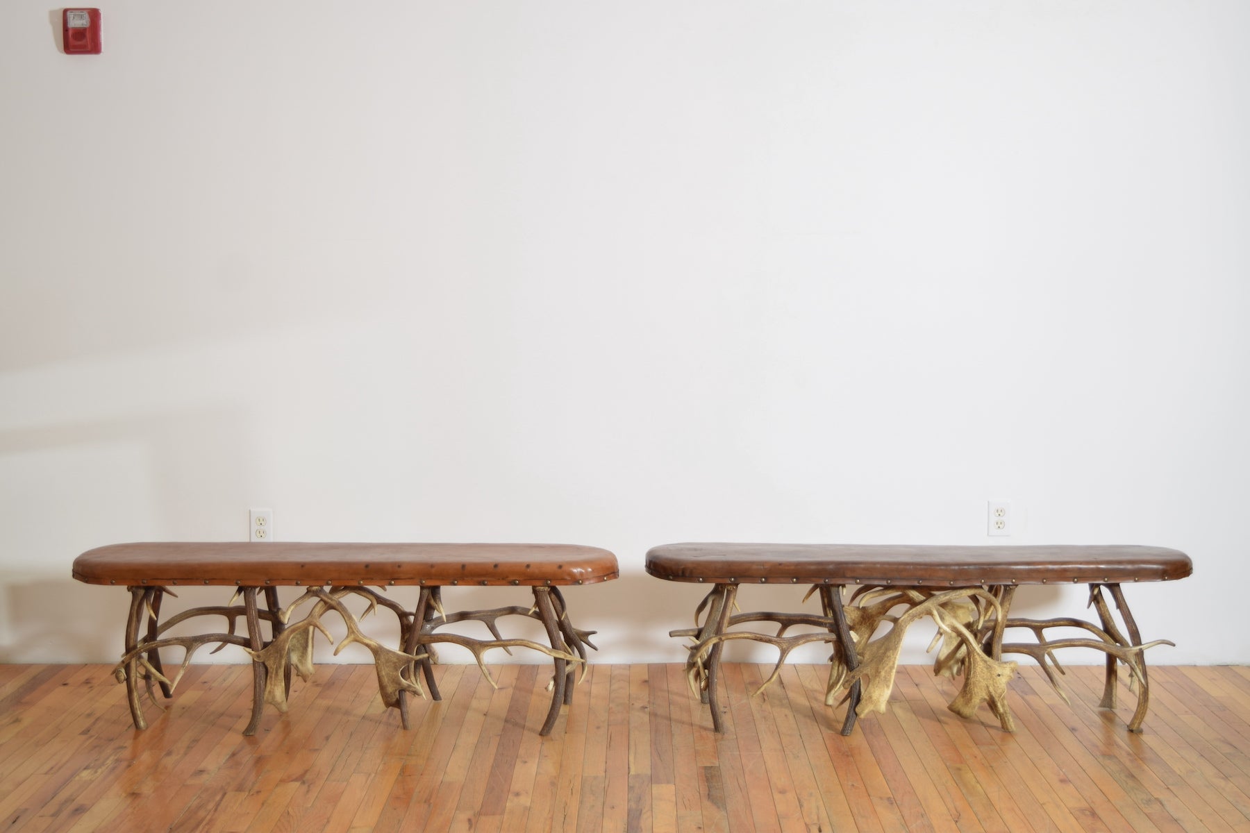 Pair of Deer Antler and Leather Upholstered Benches – ROBUCK